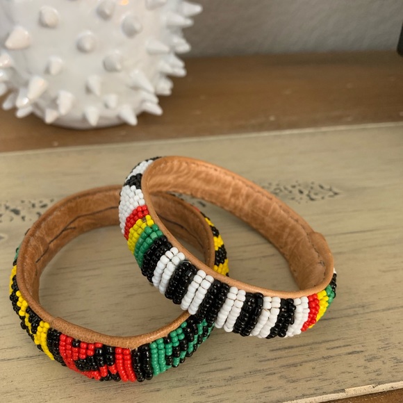 Jewelry | 2 Ghanaian Handmade Leather Woven Bead Bangles | Poshmark